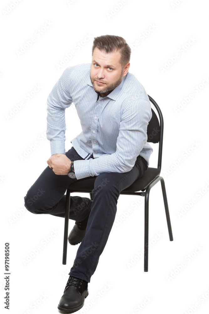 man sitting on chair. Isolated white background. Body language. gesture ...