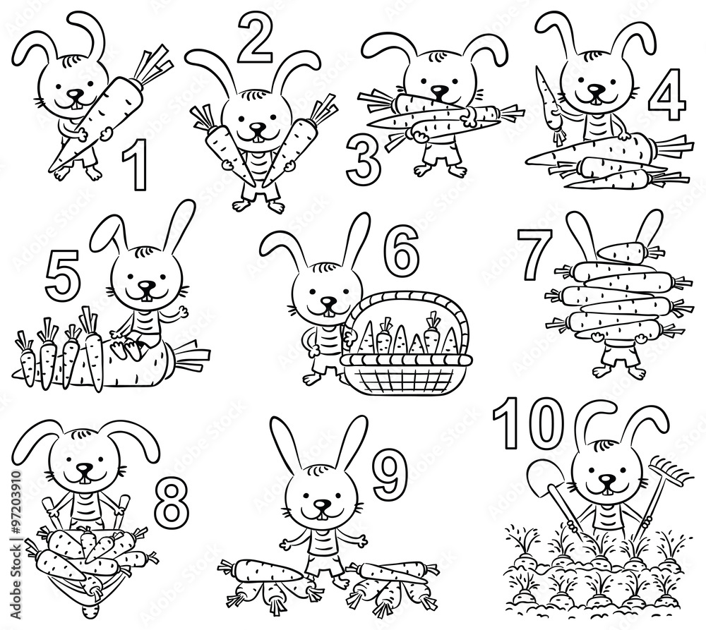 Numbers in cartoon pictures set, rabbit and his carrots Stock Vector ...