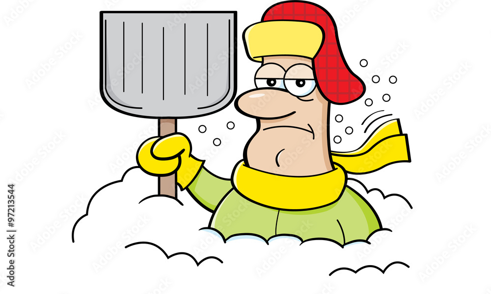 Cartoon illustration of a man buried in snow and holding a snow shovel ...
