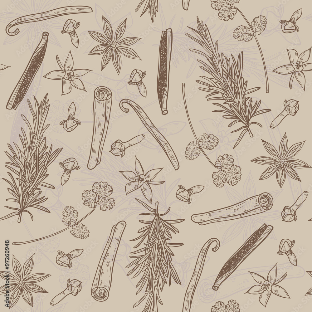 Vector seamless texture with Herbs and Spices. Natural spices ...