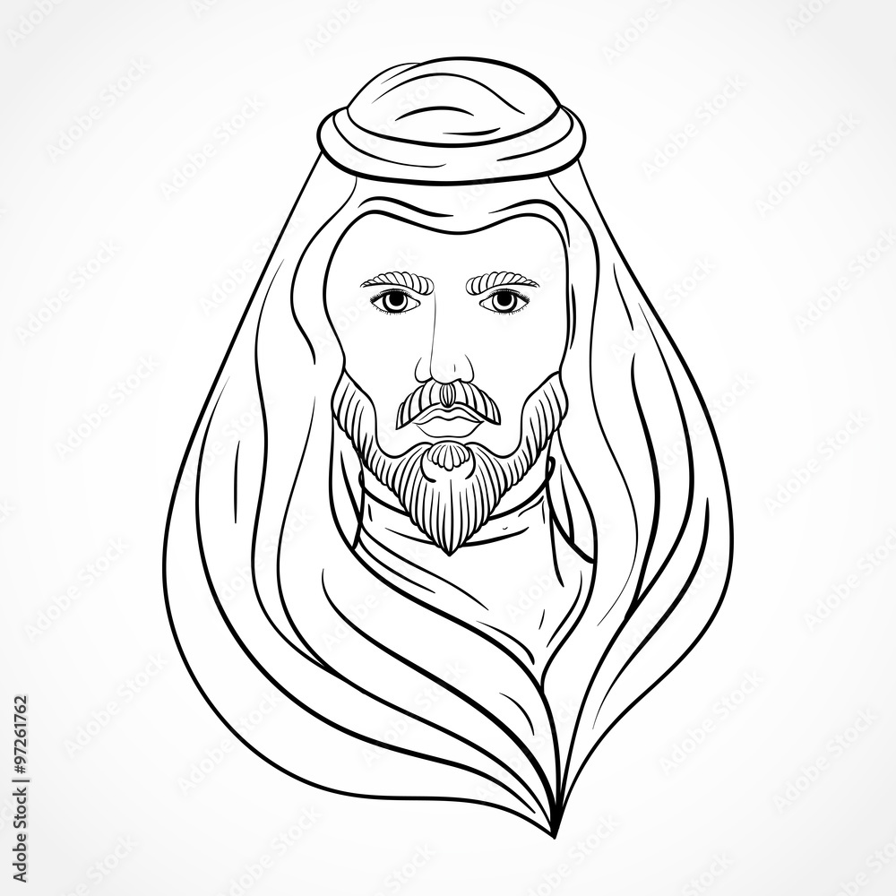 Arabic man. Black and white hand drawn vector illustration in line art ...