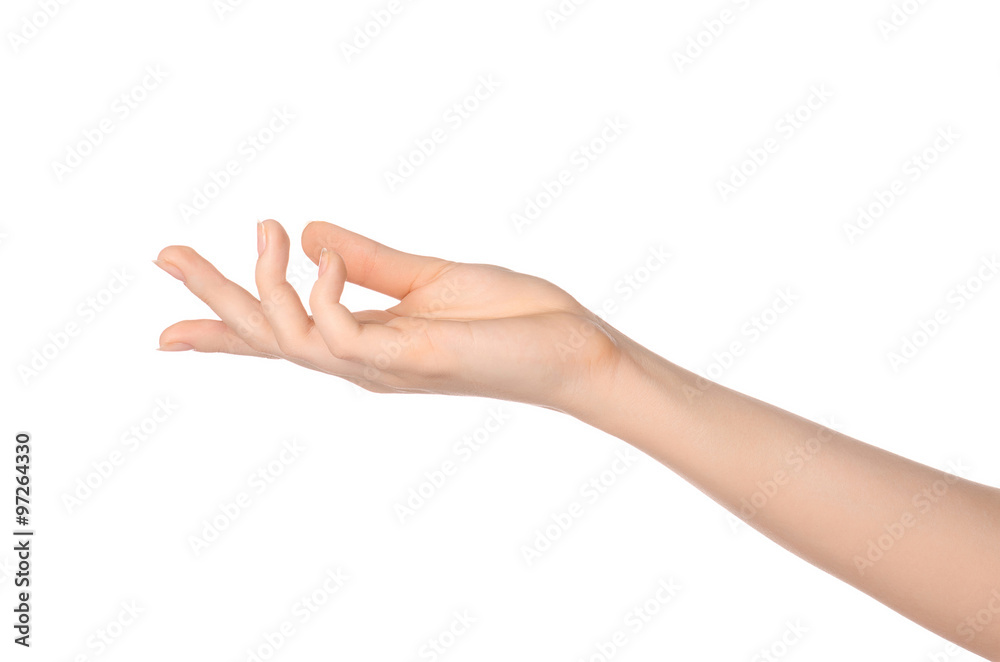 Beauty and Health theme: beautiful elegant female hand show gesture on an isolated white ...