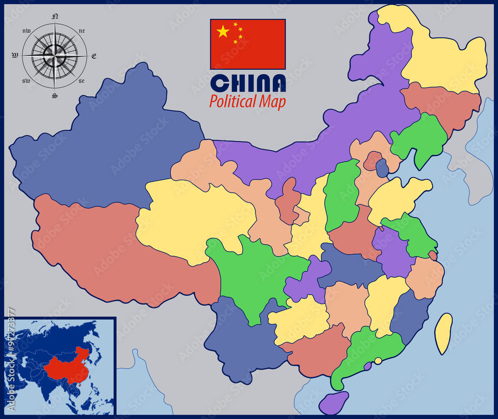 Colored Blank Map of China with Flag Stock Vector | Adobe Stock