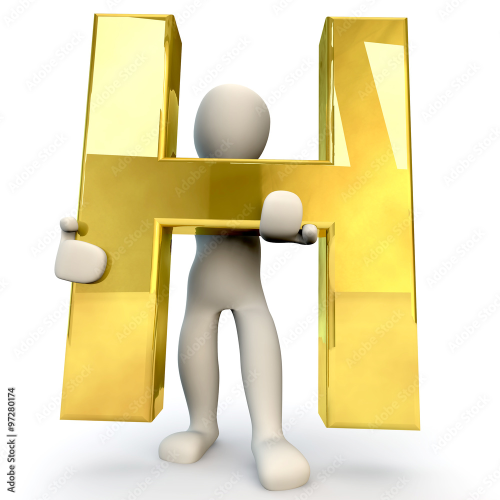 3D Human character holding golden alphabet letter H Stock Illustration ...