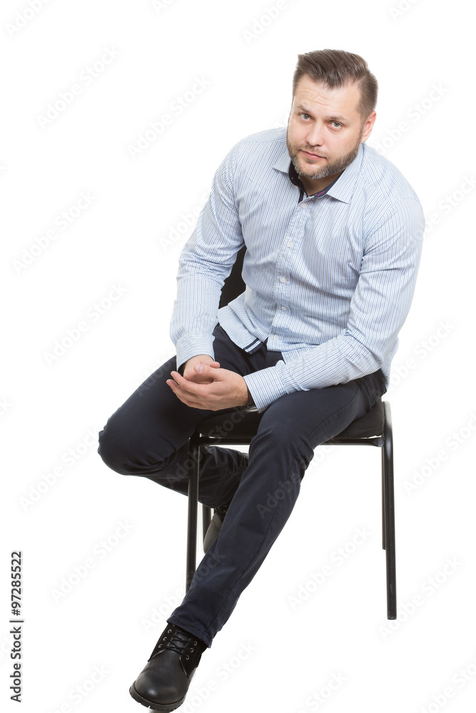 man sitting on chair. Isolated white background. Body language. gesture ...