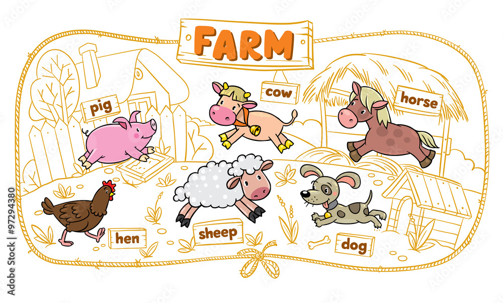 Farm animals set. Children illustration with funny farm animals, sheep ...