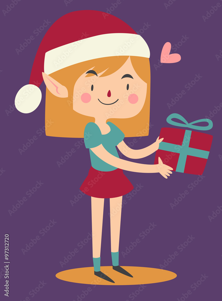 Cartoon Elf Holding a Wrapped Git Box Stock Vector | Adobe Stock