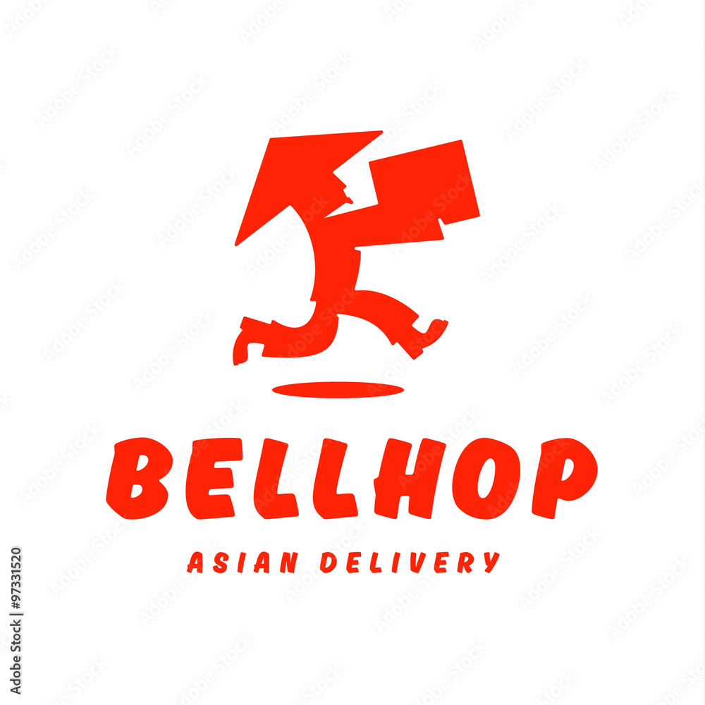 Asian deliveryman runs speed delivery cargo box hat beard Chinese ...