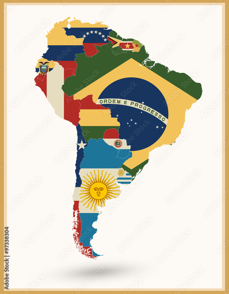 Vetor de South America Map With Flags And Vintage Colors do Stock ...
