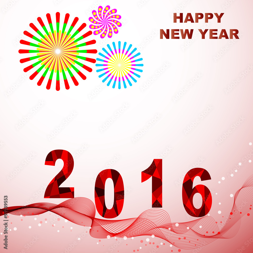 Happy New Year 2016 Colorful greeting card. Decorated with red wave and ...