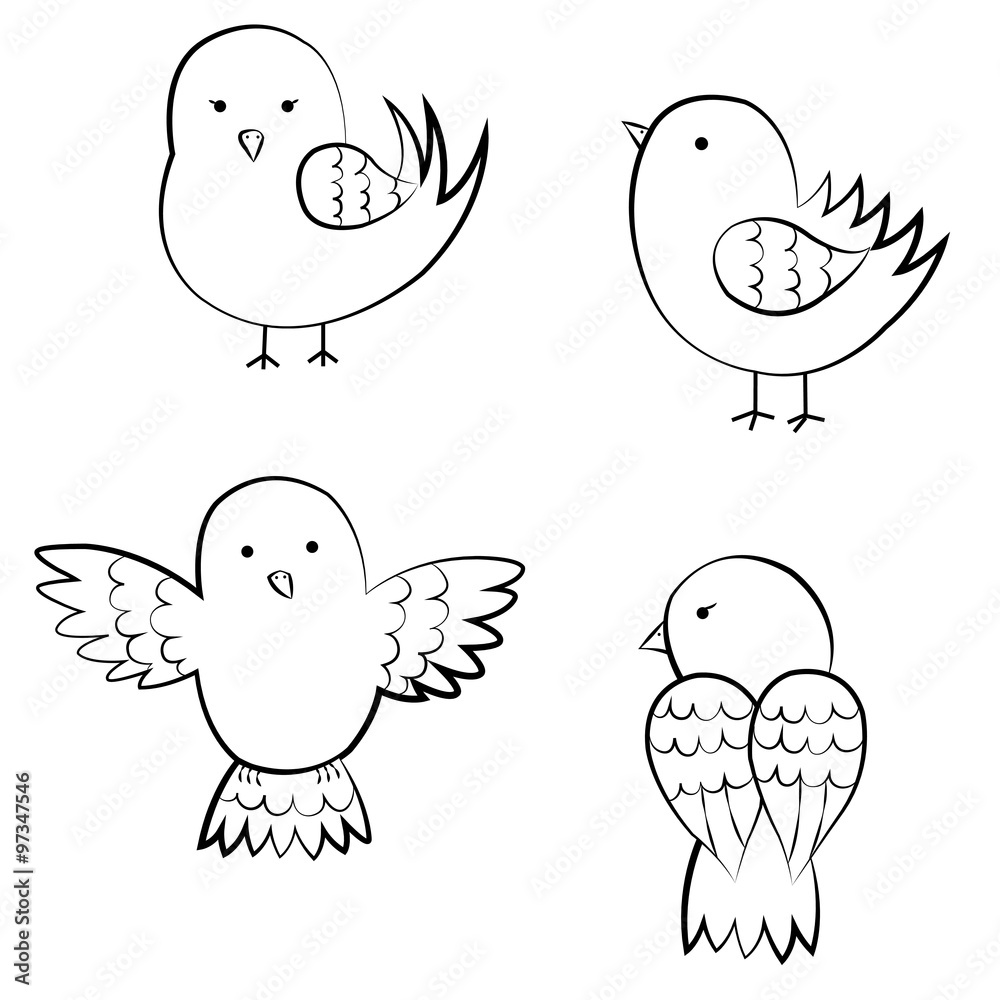 Four little birds painted black outline Stock Vector | Adobe Stock