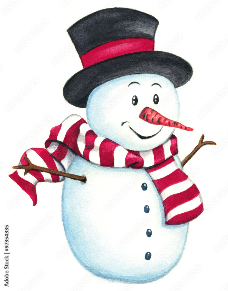 Happy snowman isolated on white background. Watercolor clip art ...