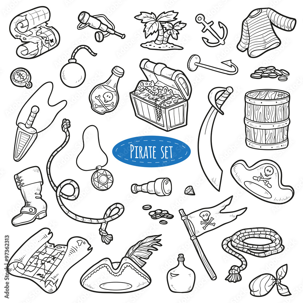 Vector set of pirate items, colorless cartoon collection Stock Vector ...