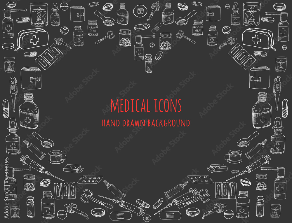 Set of health care and medicine hand drawn icons, doodle medical ...