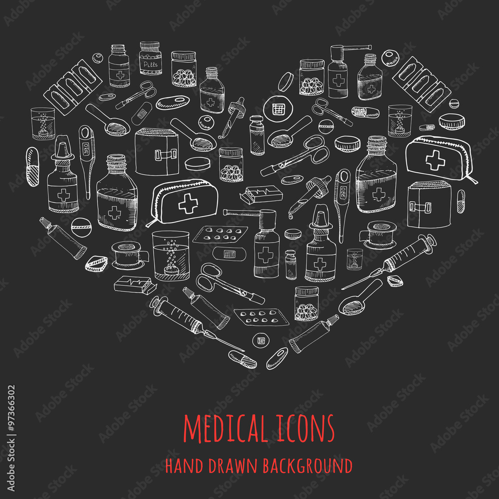 Set of health care and medicine hand drawn icons, doodle medical ...