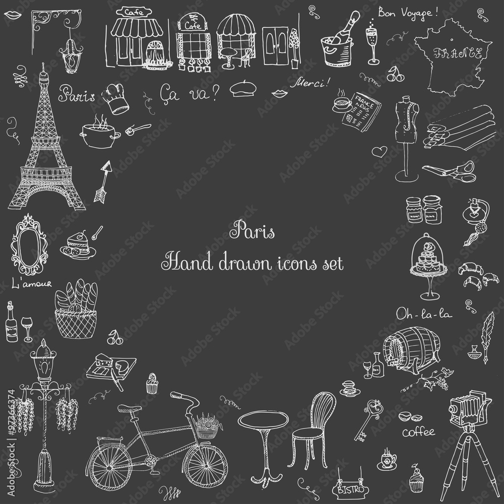 Set of hand drawn French icons, Paris sketch illustration, doodle ...