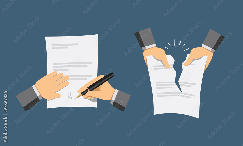 Two hand icons. Signing contract and contract termination. Simple flat ...