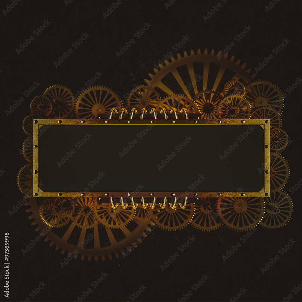 Stylized golden mechanical steampunk gear collage. Made of metal frame ...