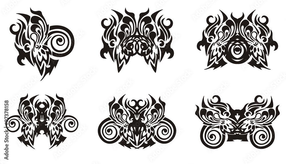 Tribal butterflies set. Wing of a butterfly in the form of the rooster ...