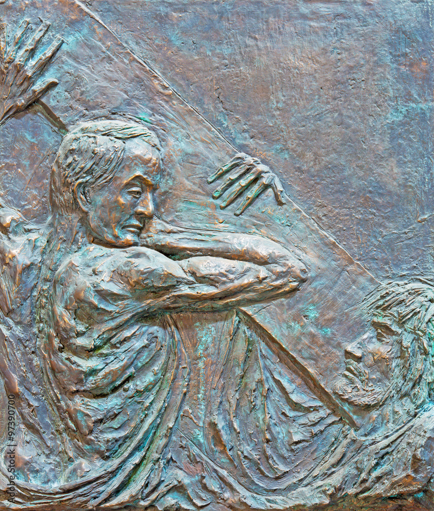 Rome - The Simon of Cyrene helps Jesus carry the cross bronze relief ...