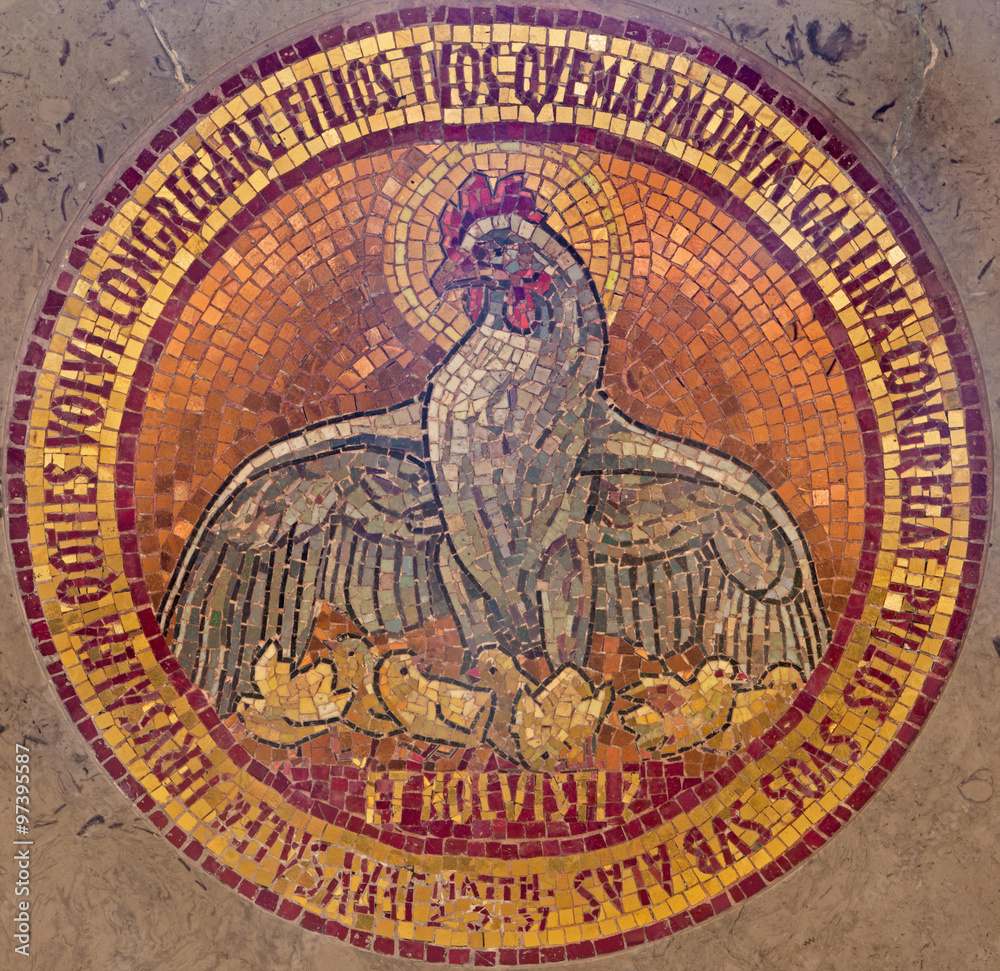 Jerusalem - mosiac of broody hen and chickens in altar of Dominus ...