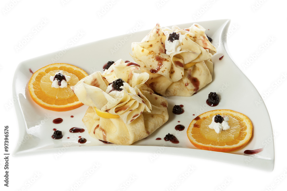 Two pancakes, wrapped as bags, with sweet filling served on a white ...