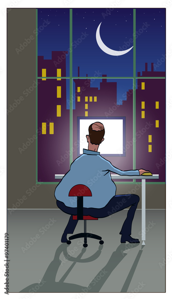 Working Late / A man continues to work late into the night. Stock ...