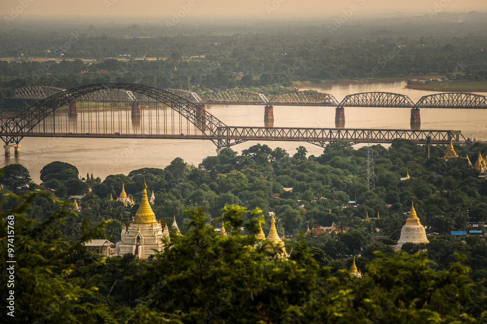 Photo & Art Print View of the pagoda and the Irrawaddy Bridge in ...