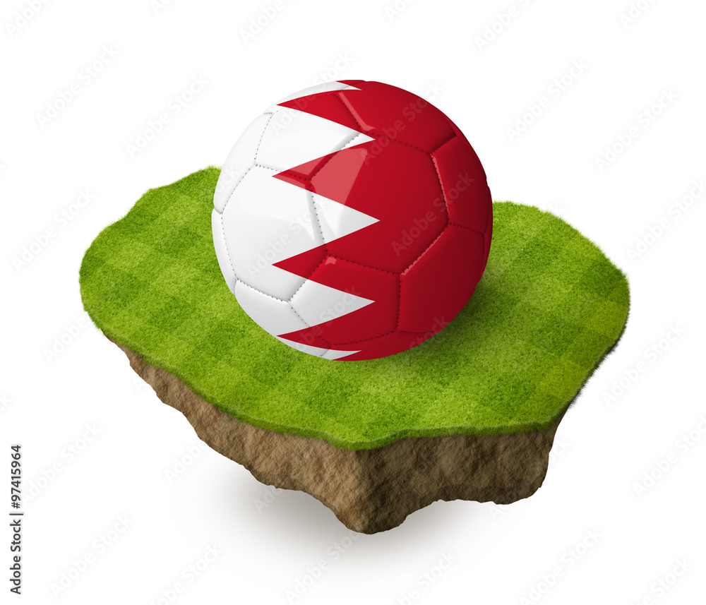 3d realistic soccer ball with the flag of Bahrain on a piece of rock ...