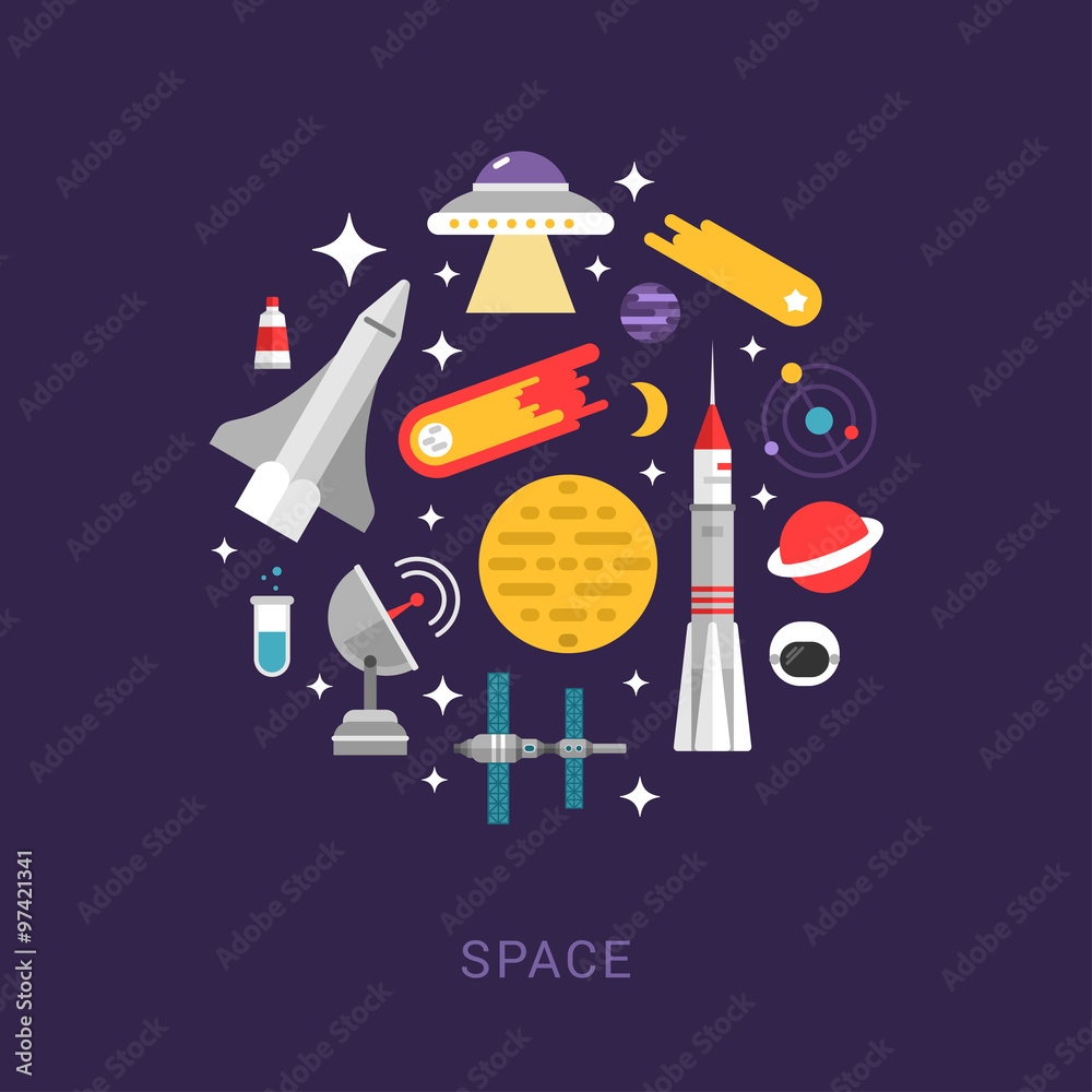Space Icons in the Shape of Circle. Shuttle, Stars, Sun, Comet, Rocket ...