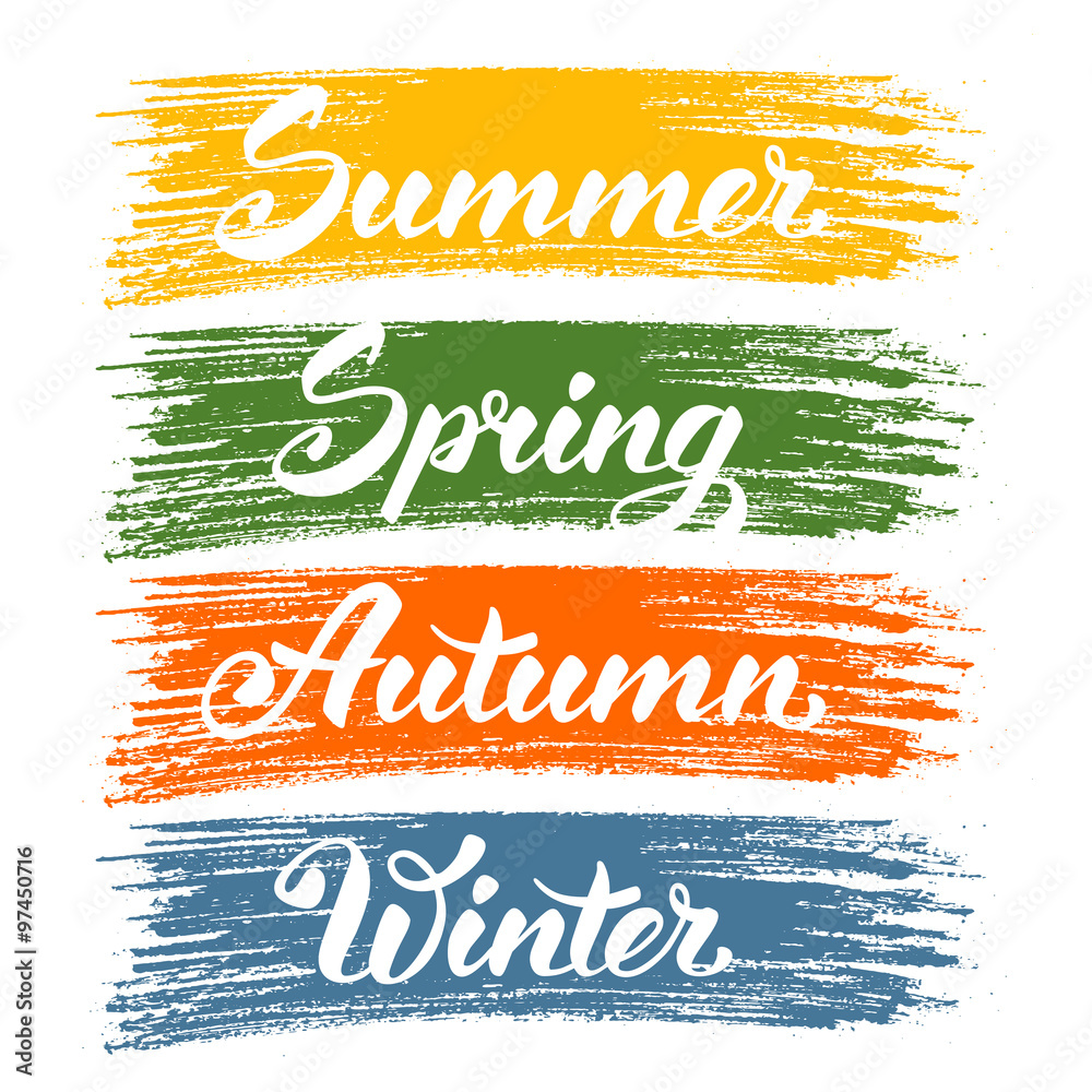 Four seasons set. Hand lettering calligraphic inscriptions by brush ...