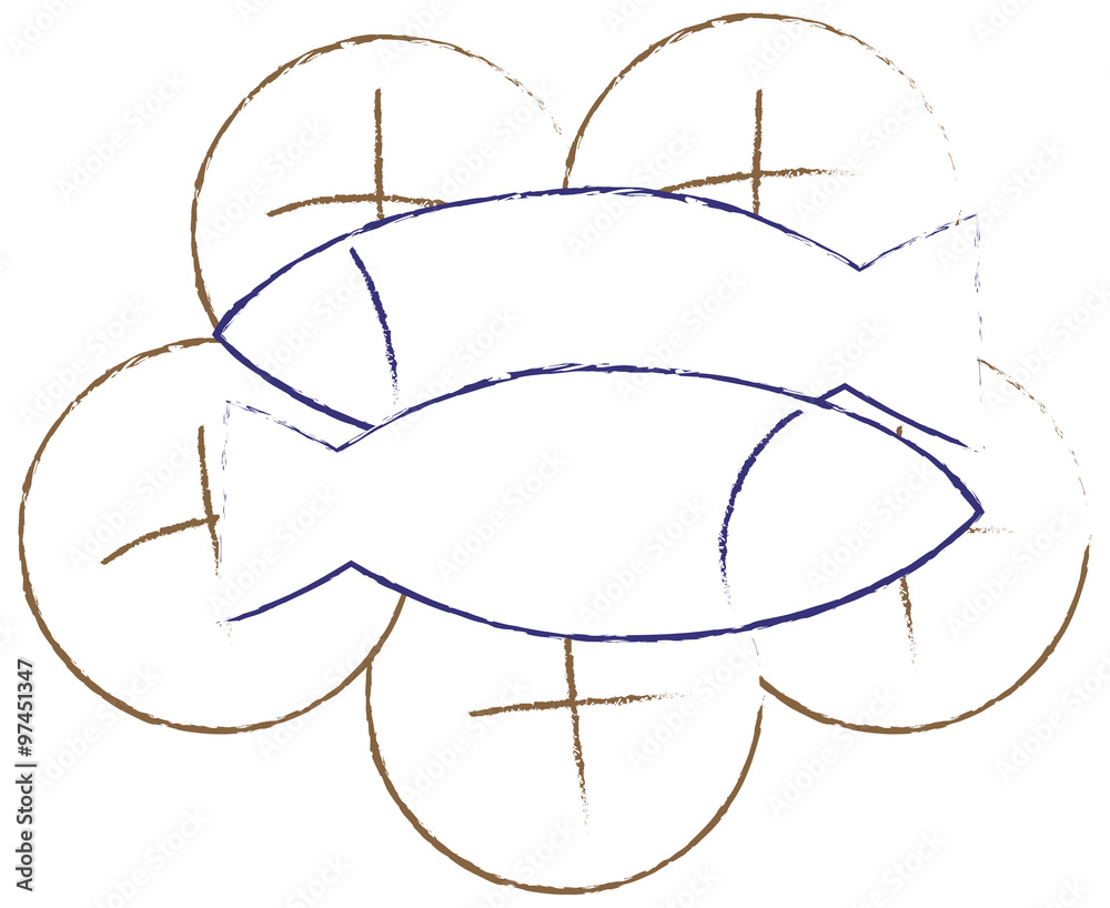 Two fish and five bread loeaves Eucharist symbol simple vector drawing ...
