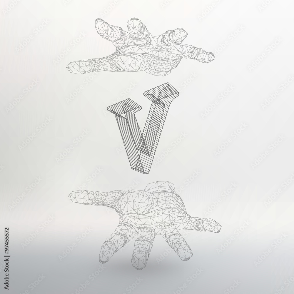 Vector illustration of letter V and hand of lines. Fonts of Mesh ...