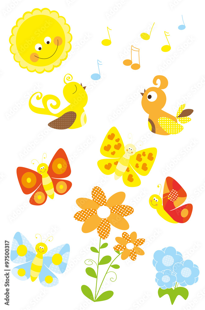 set of cute cartoon spring nature elements with birds, flowers, sun ...