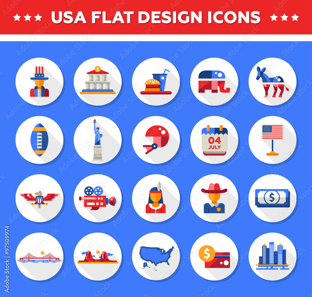 Set of flat design USA travel icons, infographics elements with ...