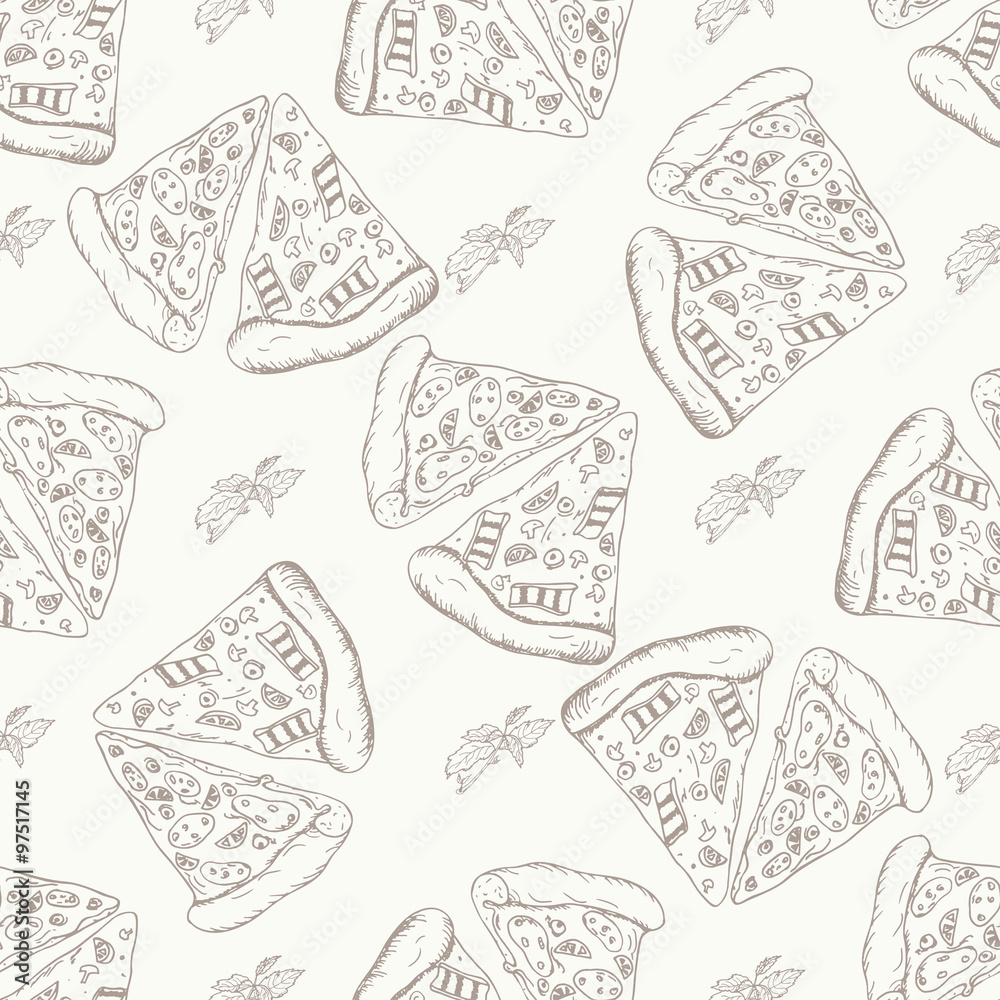 Fast food pattern with pizza. Hand draw retro illustration. Vintage ...