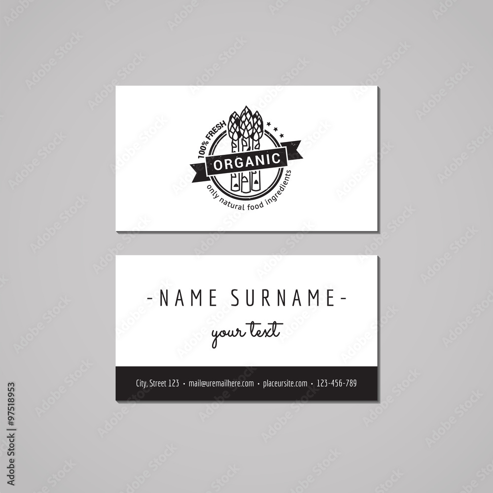 Organic food business card design concept. Food logo with asparagus and ...