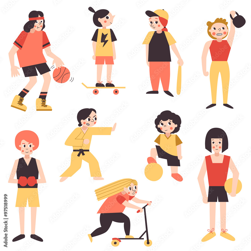 Minimalistic cartoon style sports teenage girls (young women) vector ...