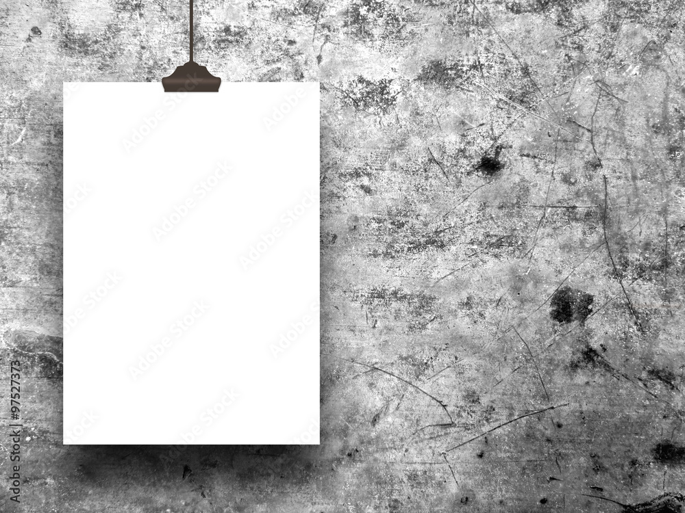 Single hanged paper sheet frame on the left with clip on grey concrete ...