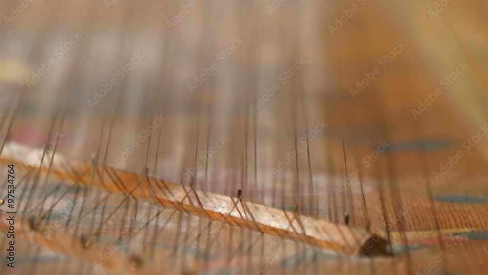 Closer look of the strings of the harp. The thin strings that produces ...