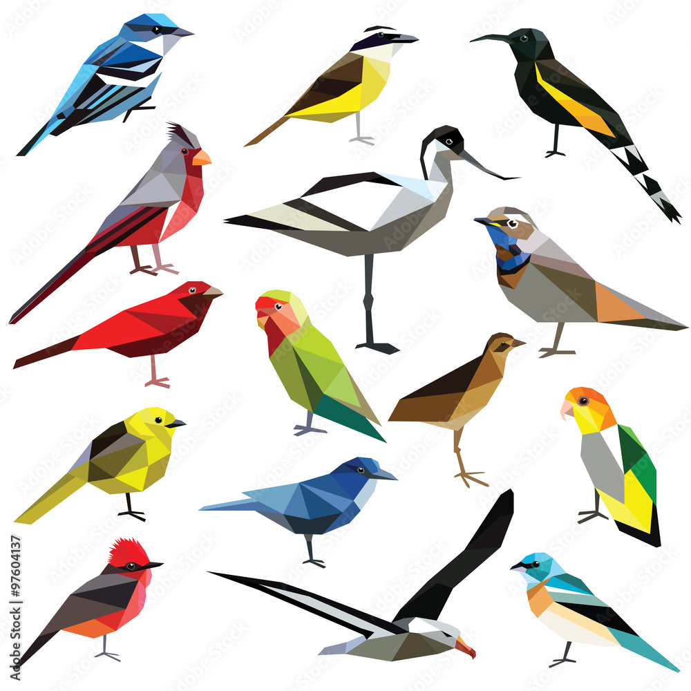 Birds-set colorful birds low poly design isolated on white background ...