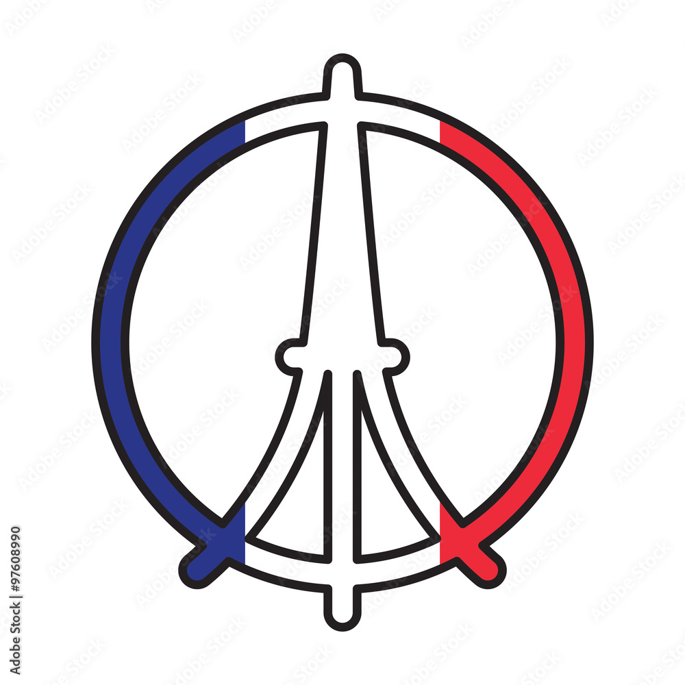 World famous landmark symbol of France on French tricolour flag ...