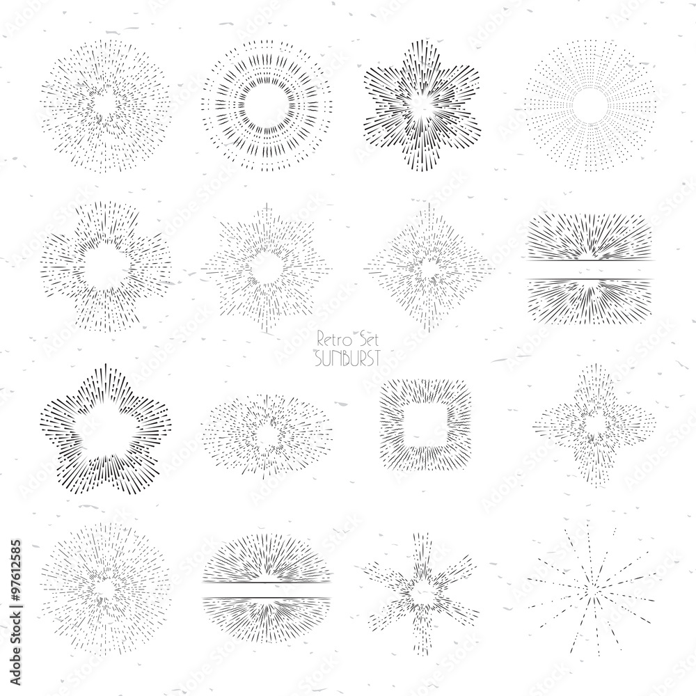Collection of trendy hand drawn retro sunburst in set of four. Bursting ...