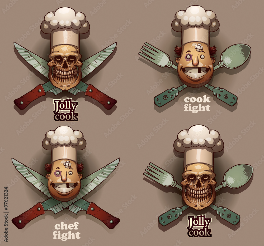 Vector cartoon image of four colored cooking emblems in the form of ...