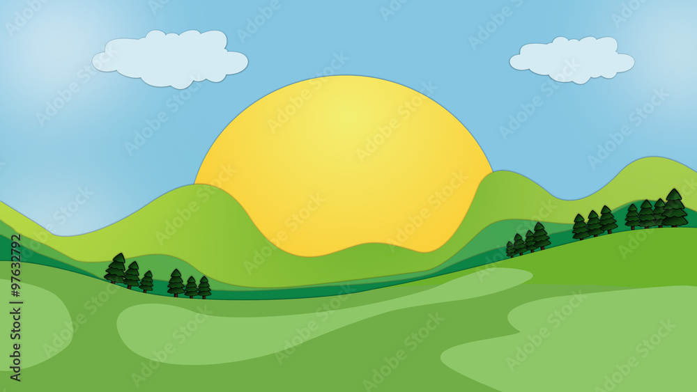 beautiful cartoon landscape of sunrise and greenery Stock Illustration ...
