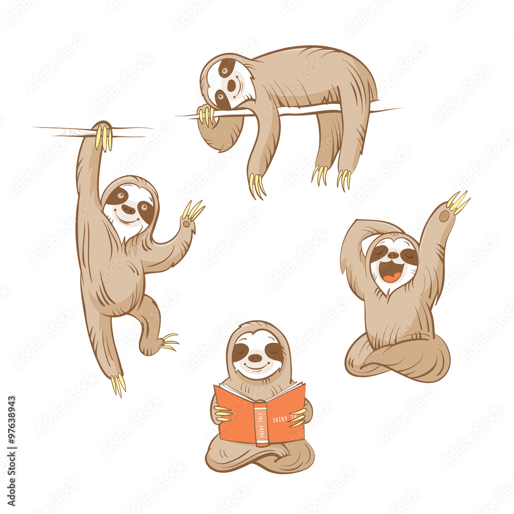Cartoon cute sloths set. Four sloths. Vector image. Stock Vector ...