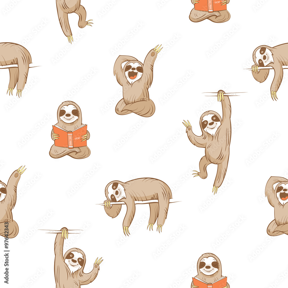 Vector seamless pattern with cute cartoon sloth on white background ...