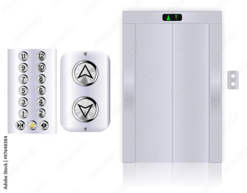 Elevator buttons. Lift panel. Elevator with with closed doors. Stock ...