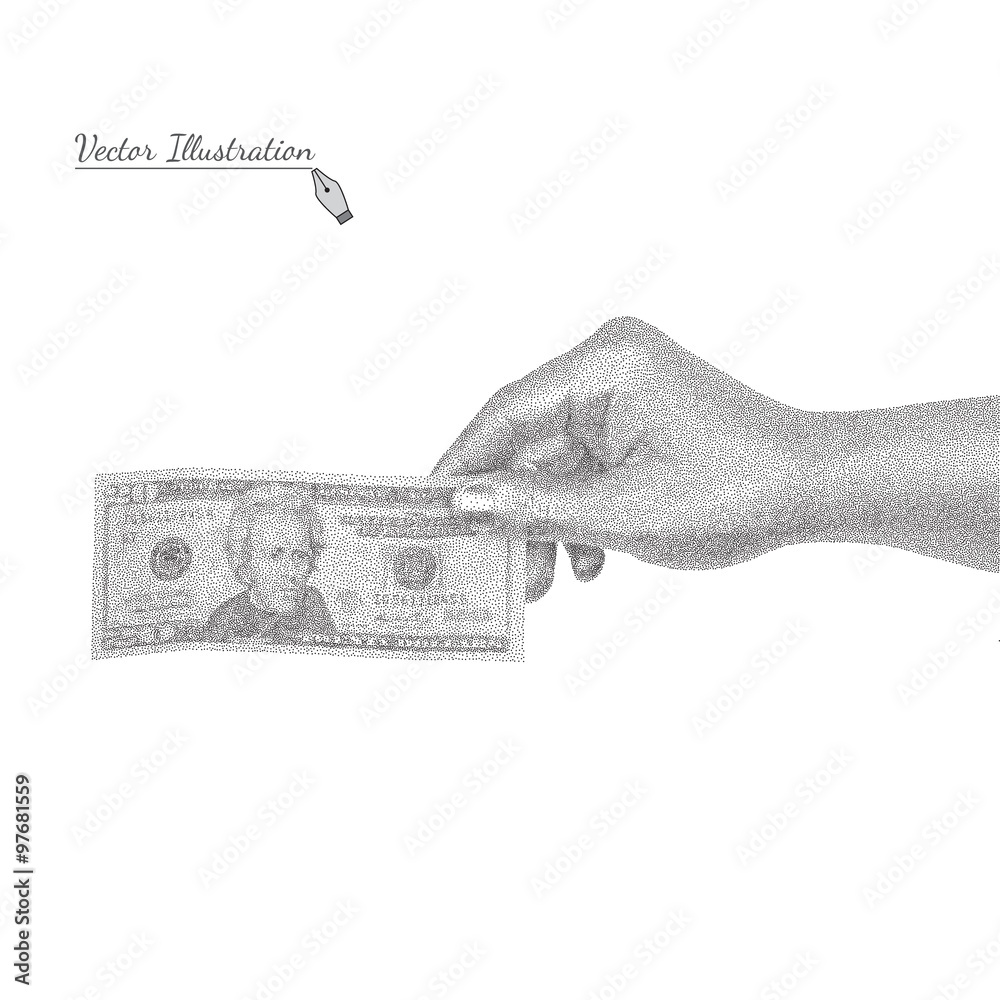 Hand with a banknote in black and white graphic style Stock Vector ...