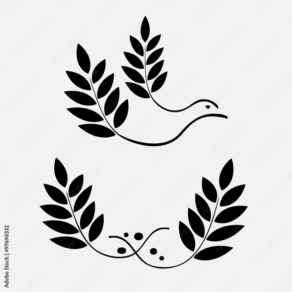 Laurel wreath tattoo icon. Stylized ornament of branch, dove bird ...